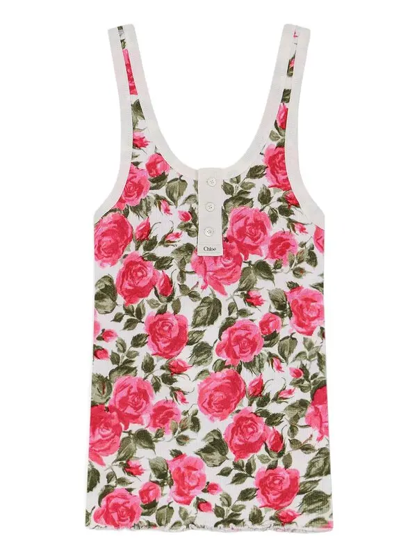 Chloé Cotton Henley Tank Top With Floral Pattern - Pink