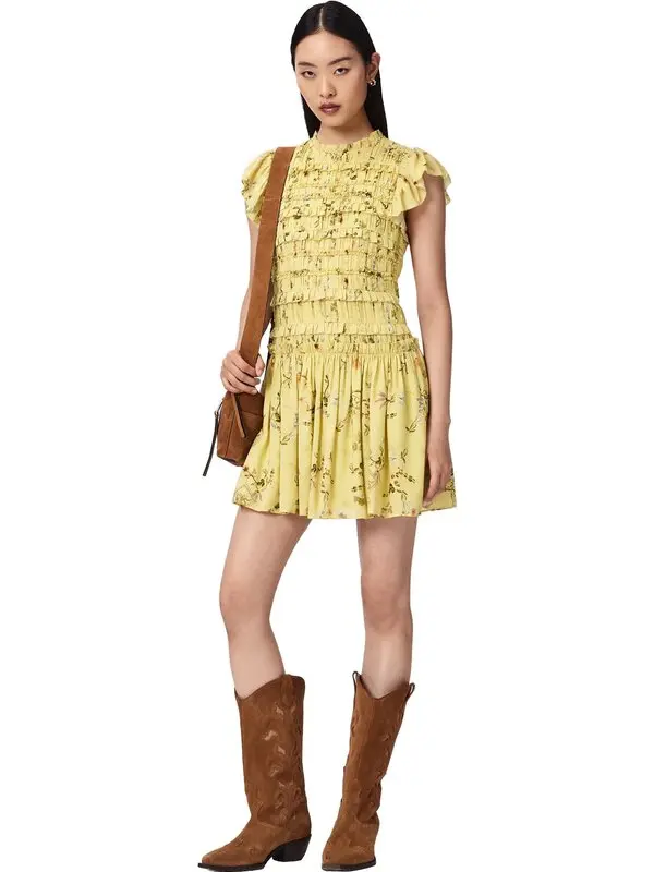 ALLSAINTS Floral Ruffle Mini Dress - Carmel Pale Yellow