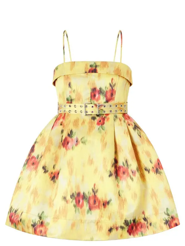GANNI Floral-print Tie-detailed Duchesse-satin Mini Dress - Yellow