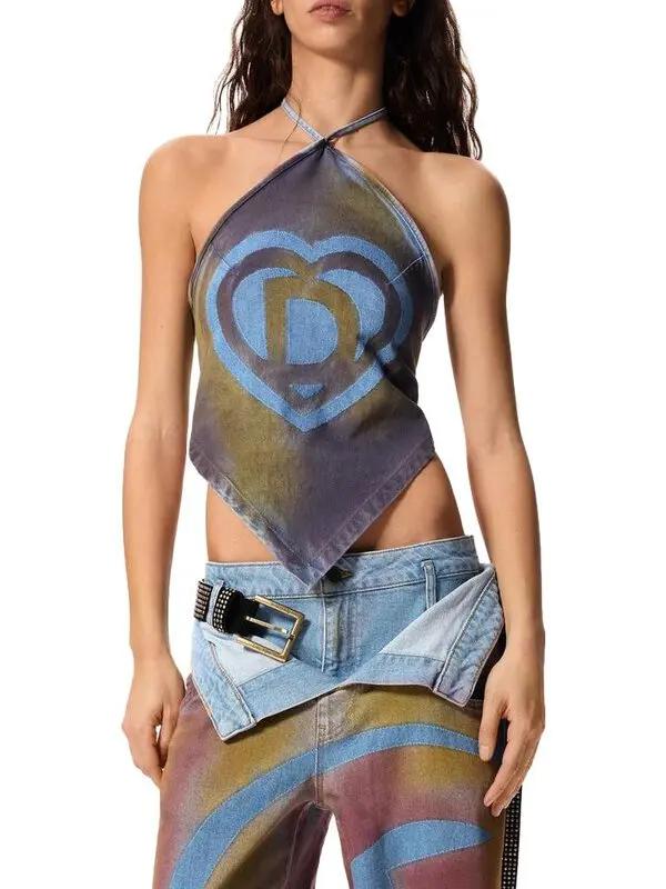Desigual Halter Cotton-blend Denim Top - Navy/medium Beige