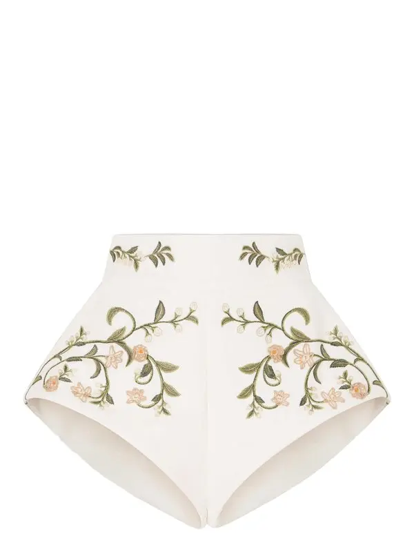 Agua Bendita Floral Embroidered Linen Mini Shorts - Cream