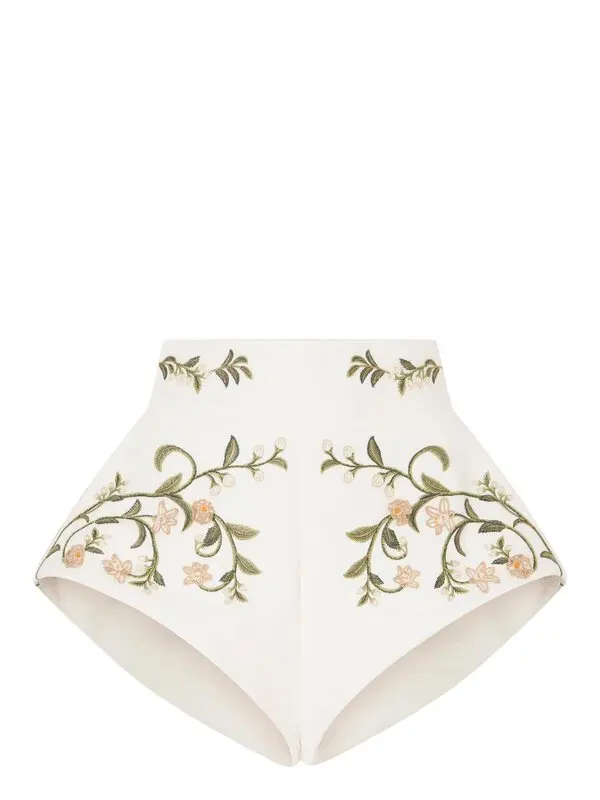 Agua Bendita Floral Embroidered Linen Mini Shorts - Neutrals