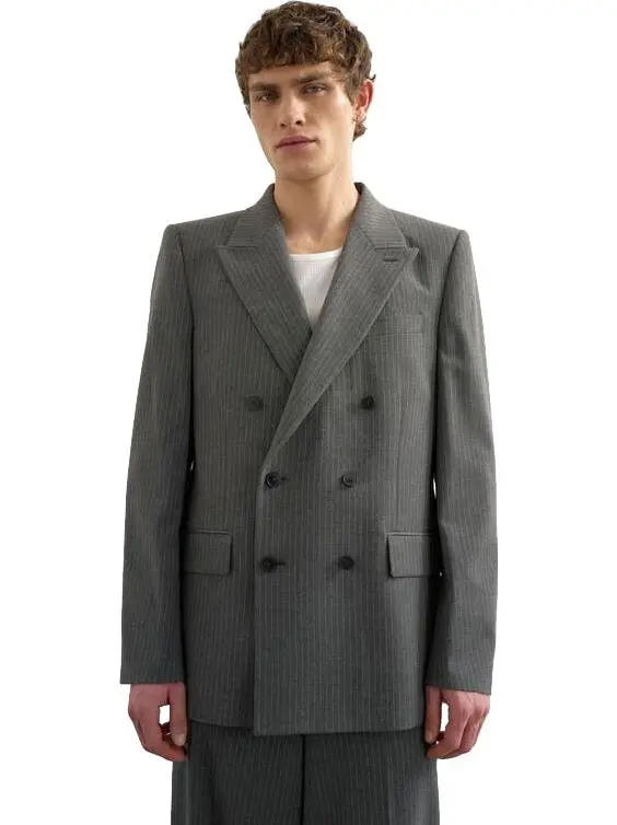 Topman Pinstripe Double Breasted Sport Coat - Charcoal