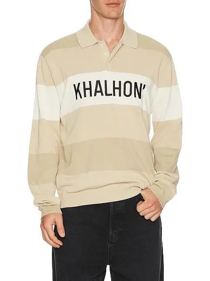 KHALHON Coastal Stripe Knit Polo Jacket - Light Beige