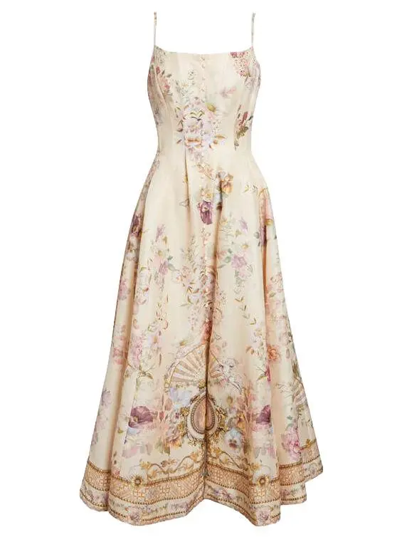 Camilla Corset Fit & Flare Linen & Silk Twill Dress - Adorned In Aranjuez