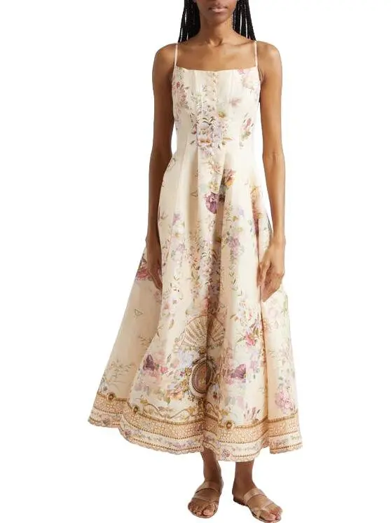 Camilla Corset Fit & Flare Linen & Silk Twill Dress - Adorned In Aranjuez