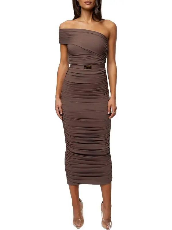 JLUXLABEL Ruched One-shoulder Midi Dress - Brown