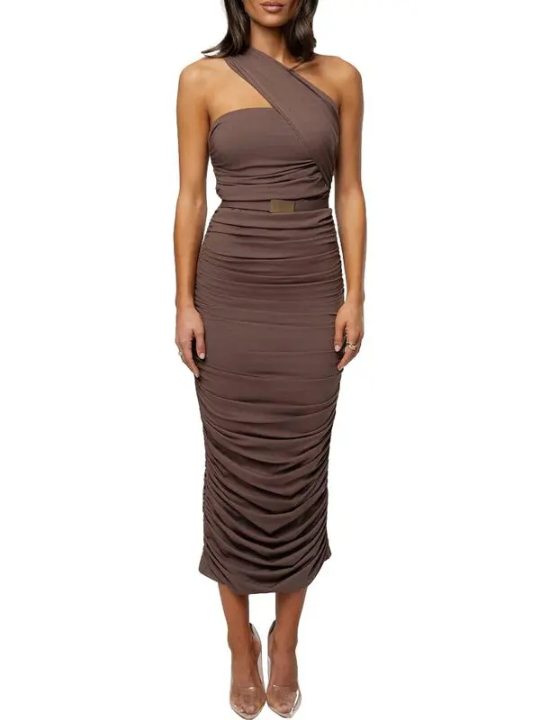 JLUXLABEL Opulent Ruched Midi Dress - Brown