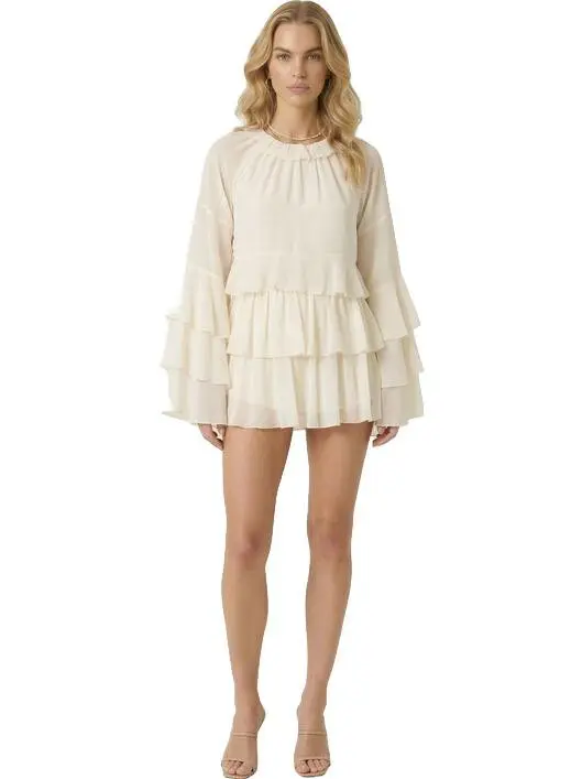 MODENAIRE Ruffle Tier Mini Skirt Set With Long Sleeve Blouse - Ivory