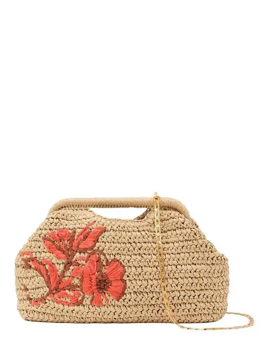 REISS Gina Embroidered Straw Clutch - Natural