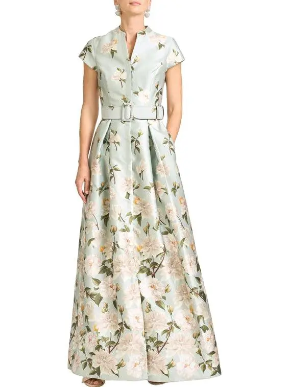 Sachin & Babi Marta Floral Belted Gown - Celadon Sweetbriar