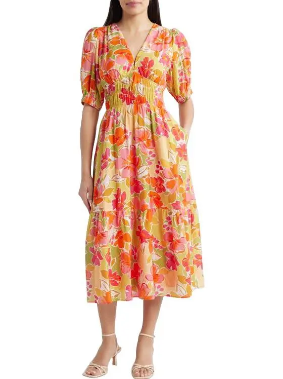 Vince Camuto Floral Print Puff Sleeve Midi Dress - Pink Multi