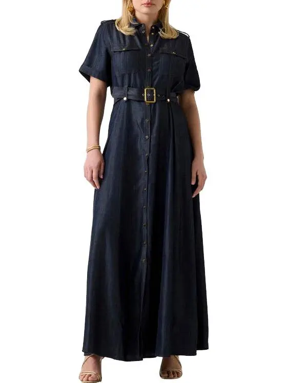MARCIANO Belted Denim Maxi Shirt Dress - Dark Blue
