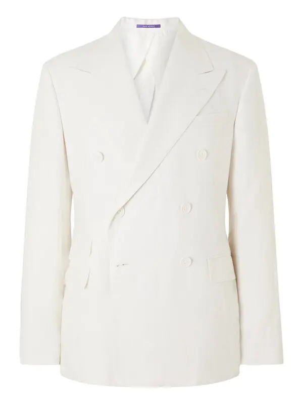 Ralph Lauren Purple Label Double-breasted Herringbone Linen Suit Jacket - White