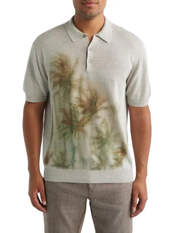 Bugatchi Palm Tree Graphic Linen & Cotton Polo Sweater - Limestone