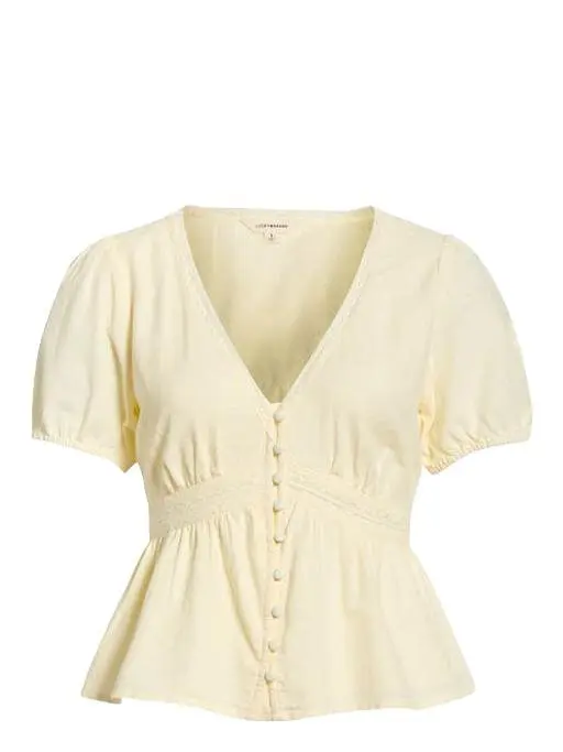 Lucky Brand Lace Detail Linen Blend Peplum Top - Pastel Yellow
