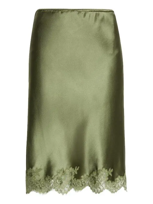 Saint Laurent Silk Satin Skirt With Lace Trim - Khaki