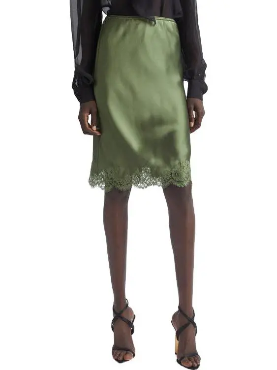 Saint Laurent Silk Satin Skirt With Lace Trim - Khaki