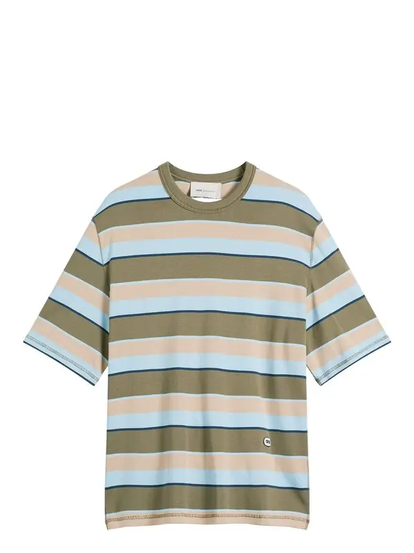 Ami Short Sleeve Oversized Striped T-shirt - Bleucach/kaki/taupe/encre