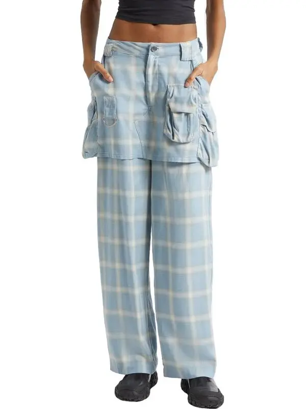 Collina Strada Cargo Skirt Overlay Wide Leg Pants - Ocean Plaid