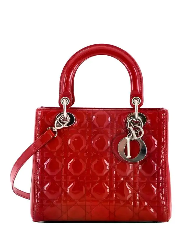 Dior Lady Medium Satchel Cannage Quilt Patent - Red