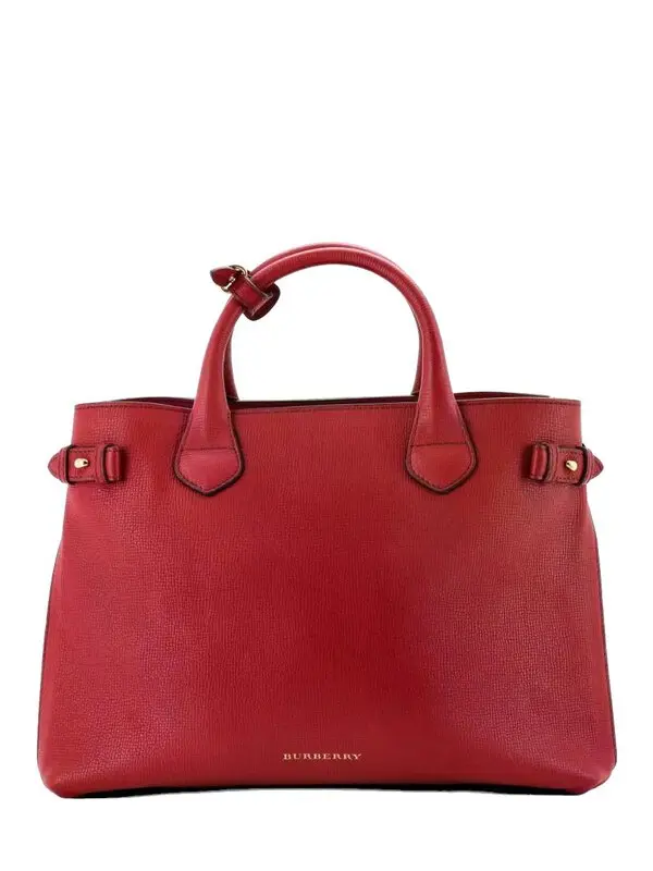 Burberry Banner Tote Leather And House Check Canvas Medium Satchel - Red