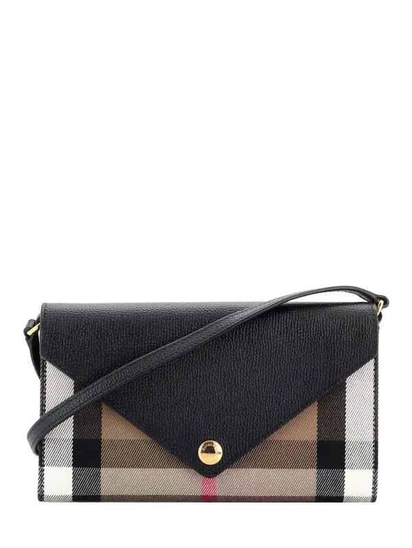 Burberry Hannah Envelope Wallet On Strap Leather And House Check Canvas Crossbody Bag - Black