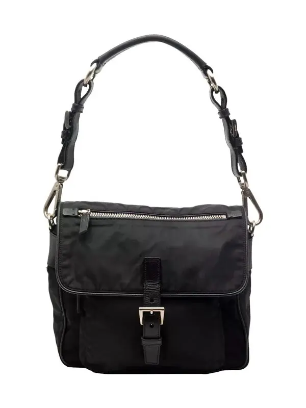 Prada Saffiano Trimmed Tessuto Shoulder Bag - Black