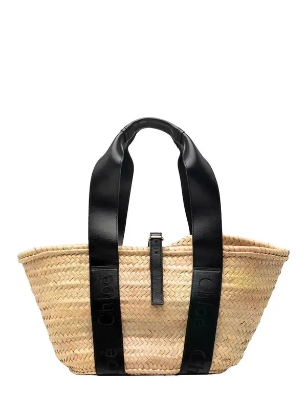 Chloé 2023 Medium Raffia And Smooth Calfskin Sense Basket Tote Bag - Neutrals