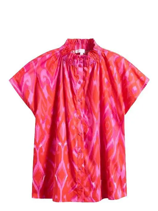 SUGARLIPS Blevin Ikat Patma Button-up Mock Neck Top - Red-pink-combo