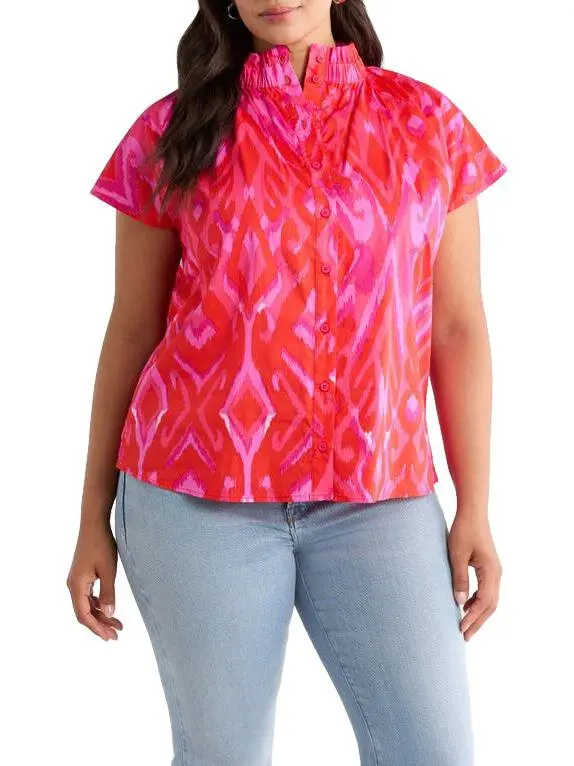 SUGARLIPS Blevin Ikat Patma Button-up Mock Neck Top - Red-pink-combo