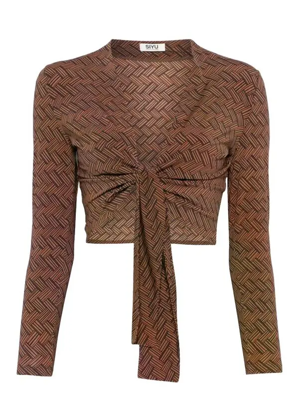 SIYU Geometric-pattern Tie-front Blouse - Brown