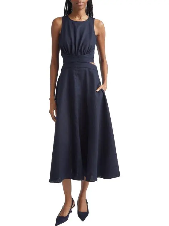 REISS Cutout Detail Linen & Cotton Dress - Navy