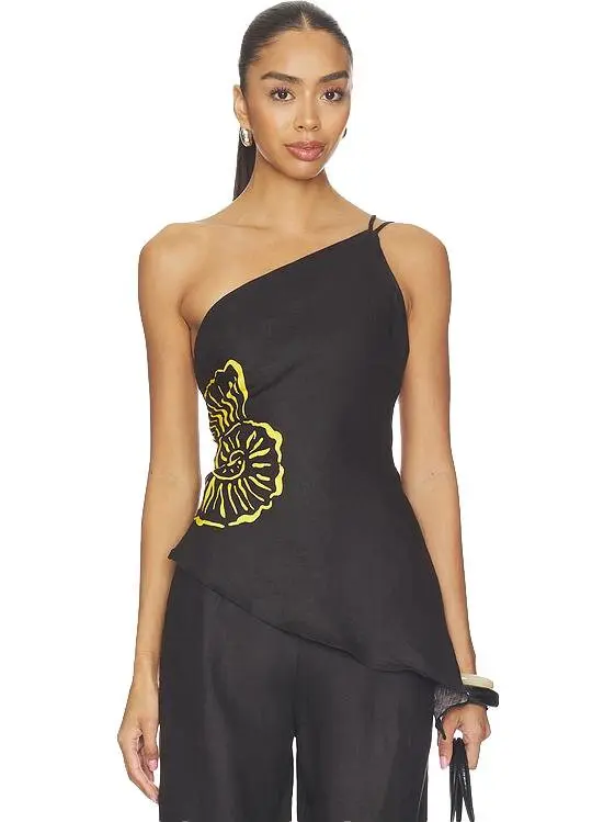 CALA DE LA CRUZ Zharit One-shoulder Linen Top - Black