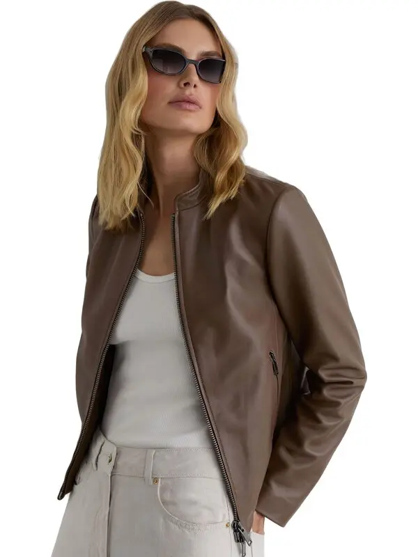 REISS Allie Leather Biker Jacket - Taupe Neutral