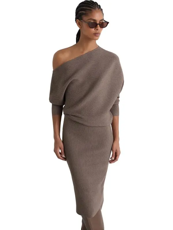 REISS Lara Off-the-shoulder Ribbed Midi Dress - Neutral