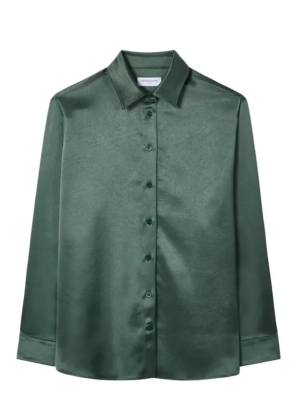 Serena Bute Satin Boyfriend Shirt - Dark Green