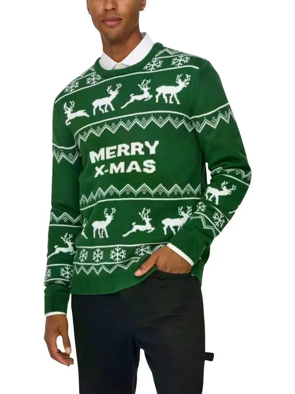 ONLY&SONS|MAN Intarsia-knit Reindeer-motif Sweater - Green