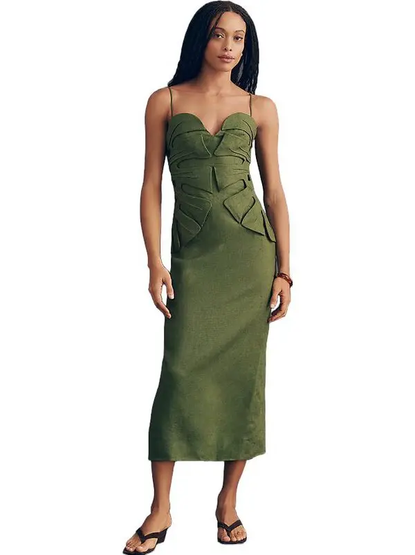 Farm Rio Linen Embroidered Midi Dress - Green