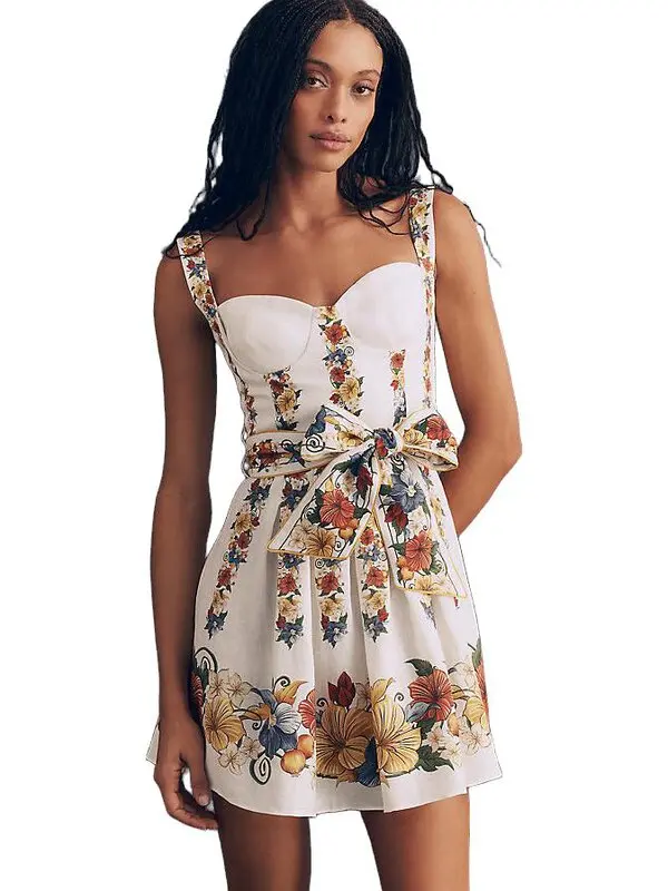 Farm Rio Tropical Belted Bustier Mini Dress - Tropi Off-white