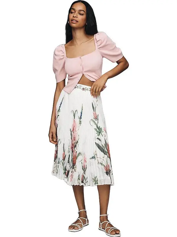 RANNA GILL Floral Printed Pleated Midi Skirt - White Floral