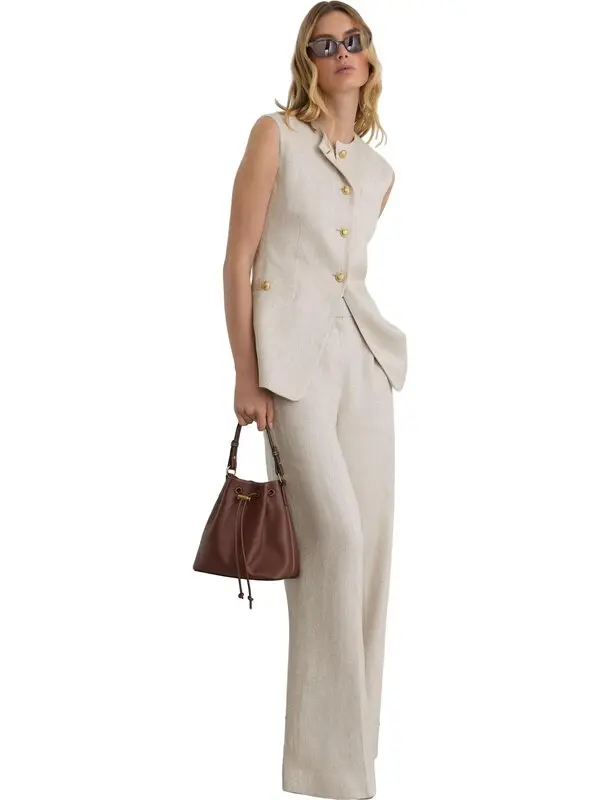 REISS Nolah Linen-blend Textured Long-line Waistcoat - Neutral