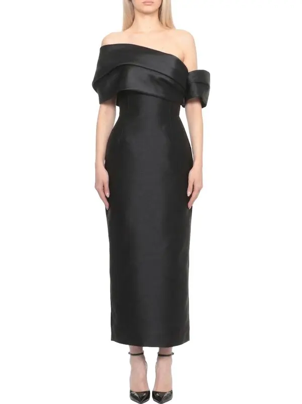 Solace London One Shoulder Satin Midi Dress - Black