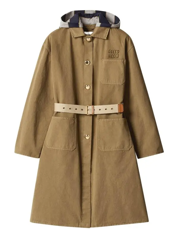 Miu Miu Gabardine Hooded Trench Coat - Neutral