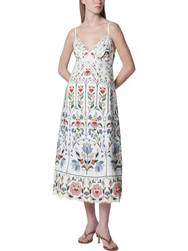 Farm Rio Linen Garden Motif Midi Dress - Multicolor