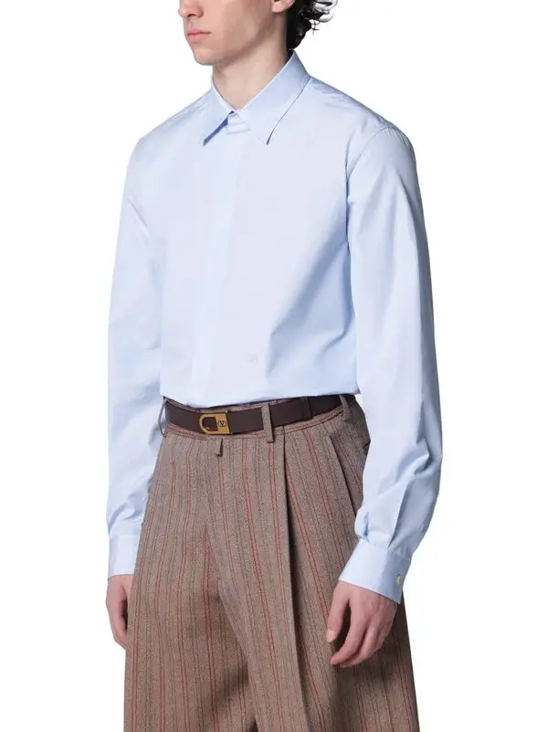 Valentino Garavani Fil-à-fil Cotton Shirt With Vlogo Embroidery - Light Blue