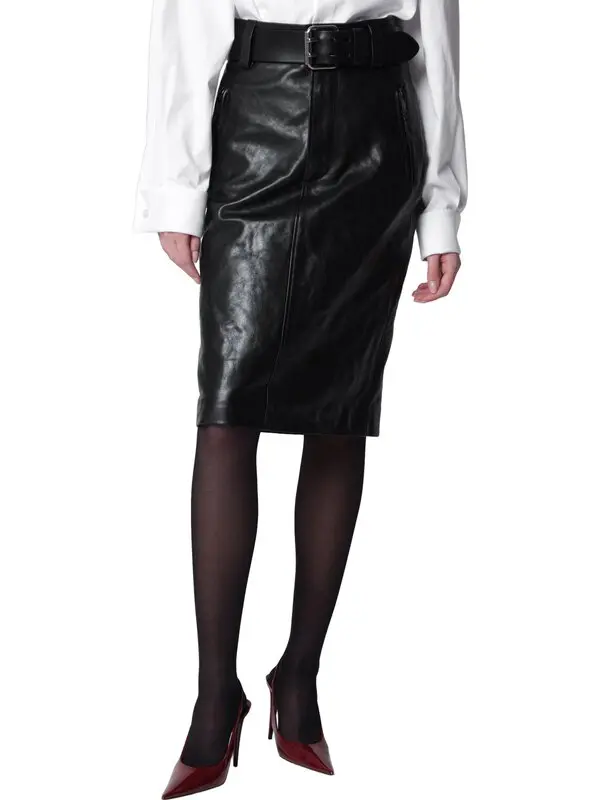 Saint Laurent Crinkled Calfskin Belted Pencil Skirt - Black