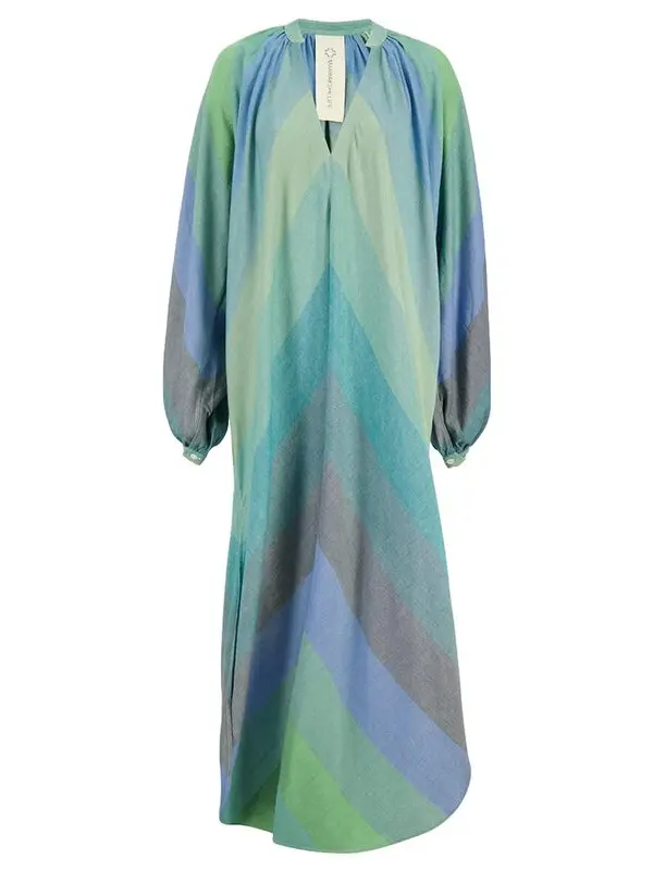 MARRAKSHI LIFE Stripe 52 Touareg Cotton V-neck Maxi Dress - Blue