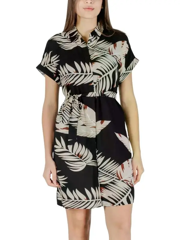 Vero Moda Leaf-print Tie-waist Shirt Dress - Black