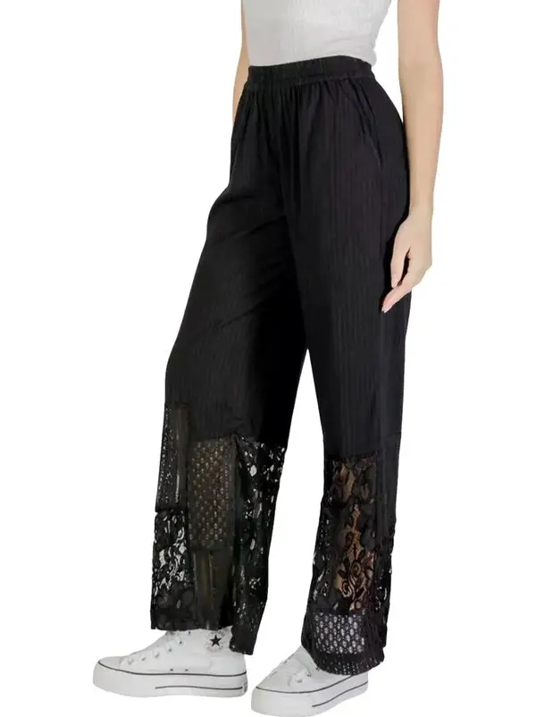ICHI Lace-paneled Wide Leg Trousers - Black
